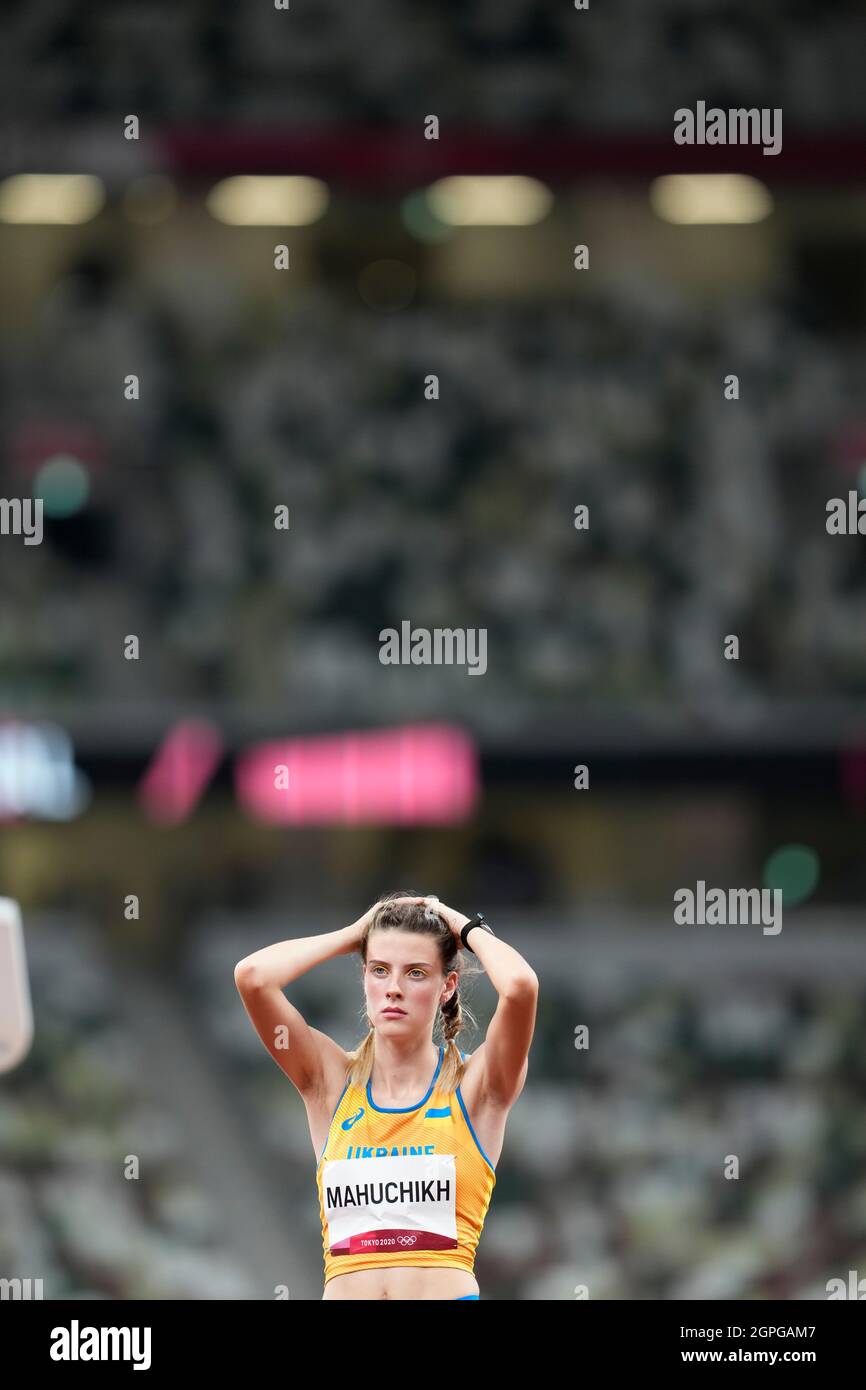 Yaroslava Mahuchikh participating in the high jump at the Tokyo 2020 ...