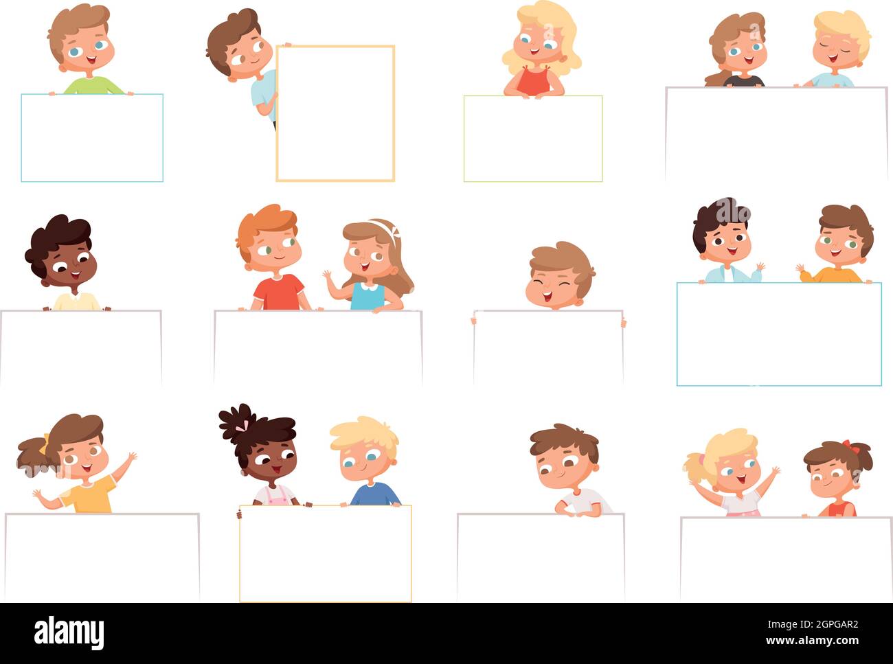 Childrens with banners. Kids holding blank white frames happy boys and ...