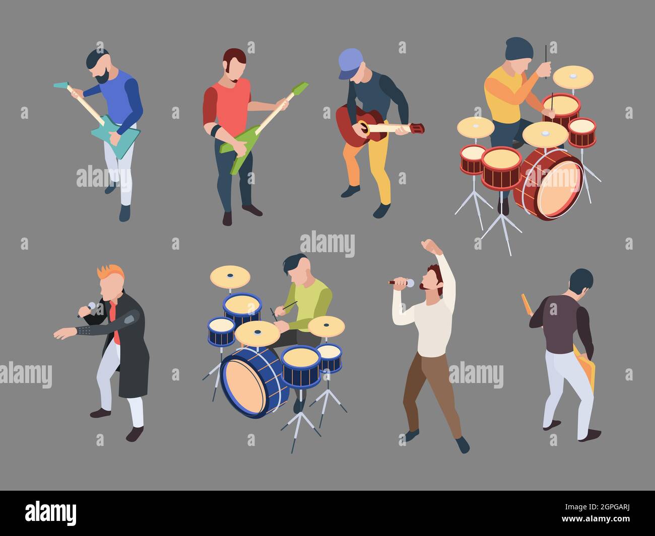 Music band. Isometric characters musicians singers with microphone rock ...
