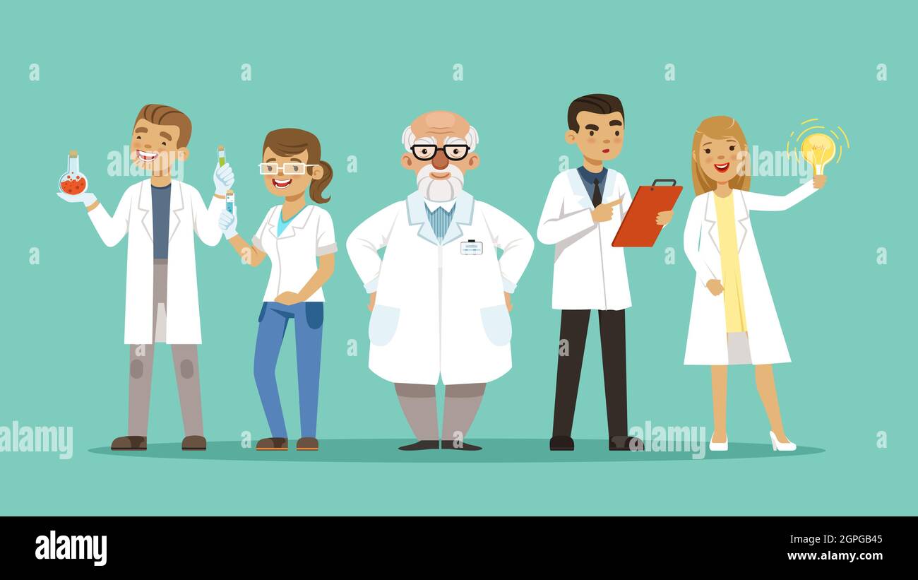 Laboratory team. Team of scientists or doctors, researchers. Cartoon ...