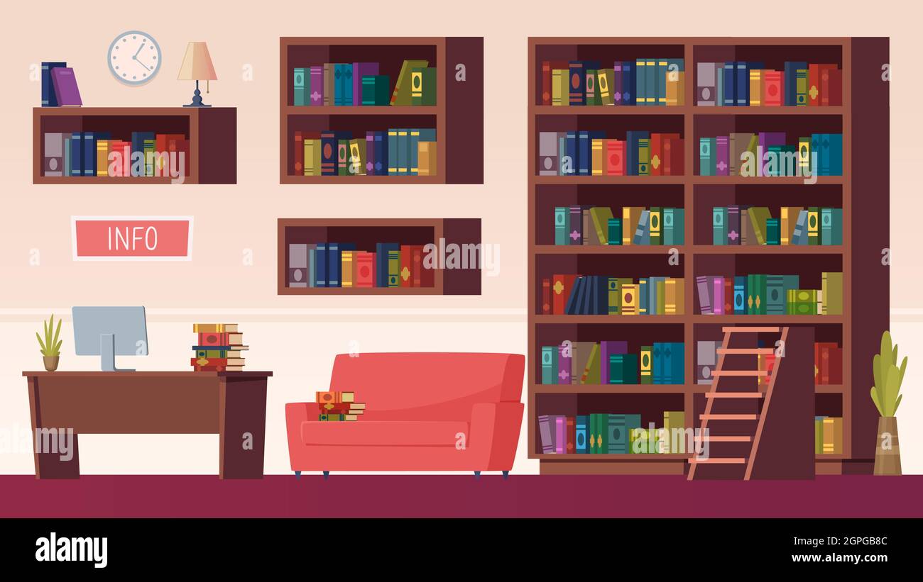 Library interior. Book shelves, info point with computer. Reading or ...