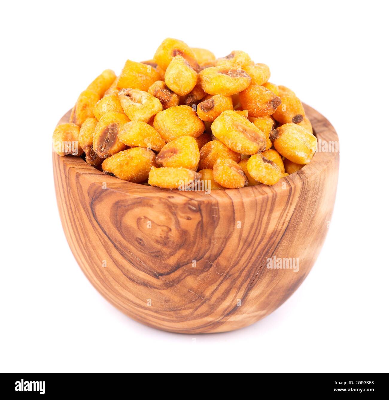 Roasted salted corn nuts in olive bowl, isolated on white background ...