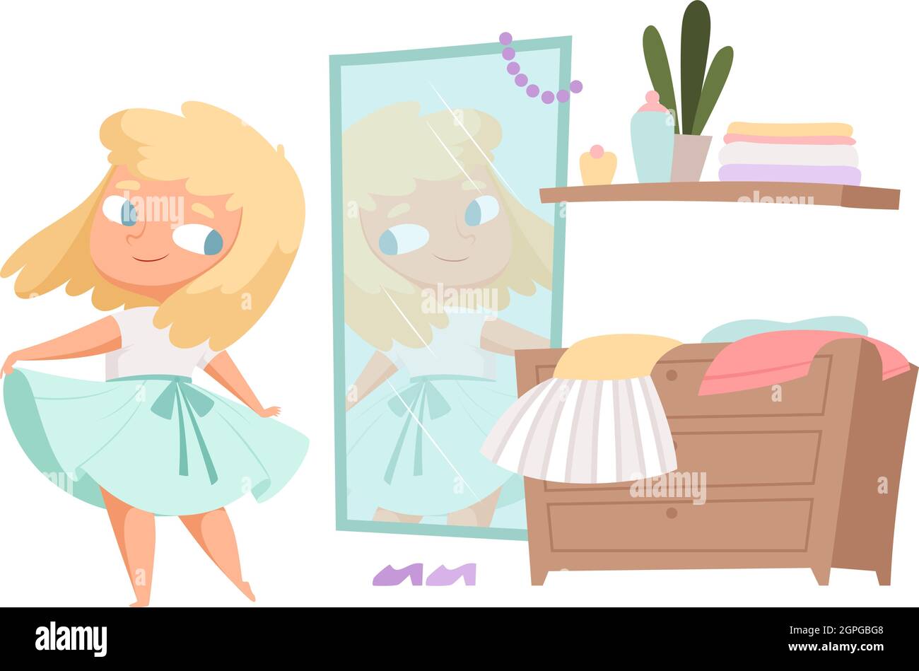 Girl trying on dress. Little child looks in mirror, baby changes ...