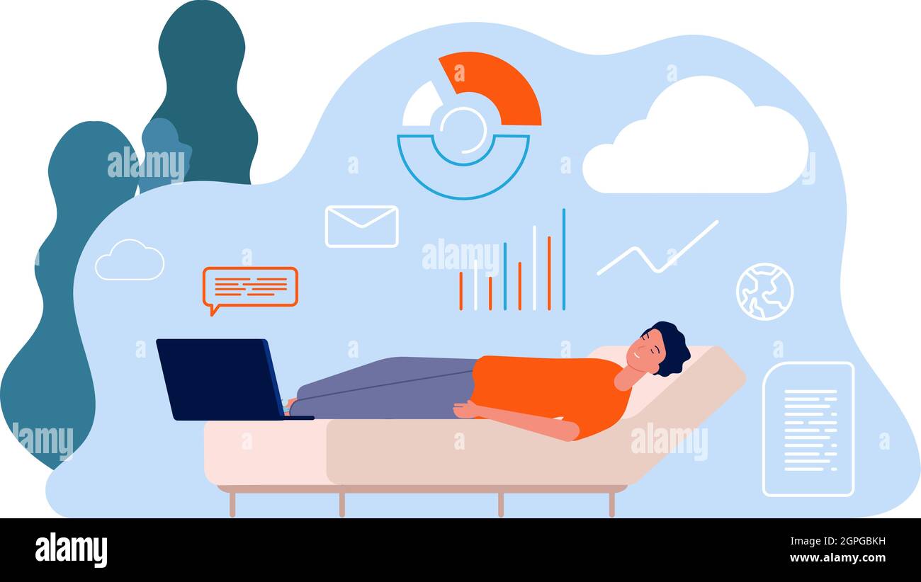 Tired man. Freelancer, remote worker sleep on sofa with laptop vector ...