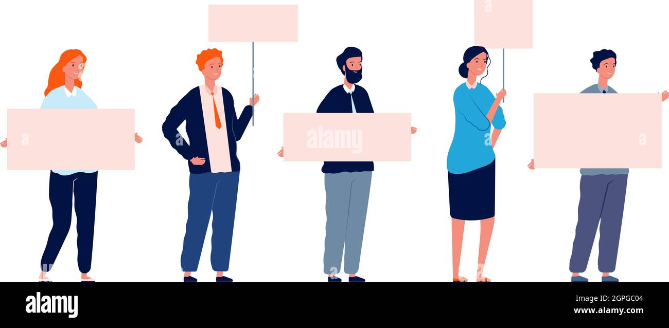 Protest people. Demonstration woman man with placards. Isolated flat ...