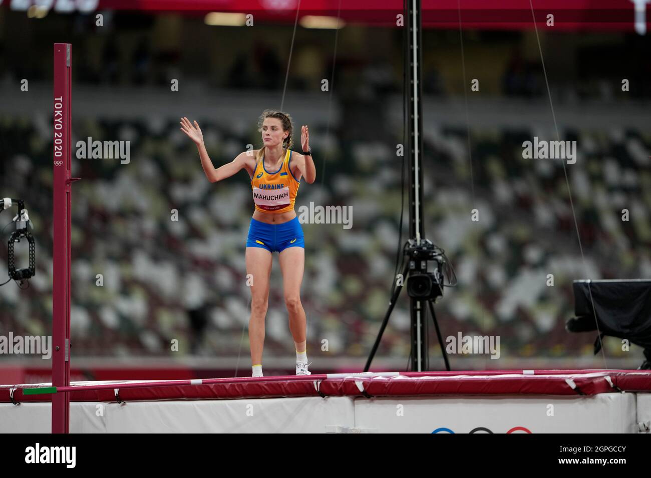 Yaroslava Mahuchikh participating in the high jump at the Tokyo 2020 ...