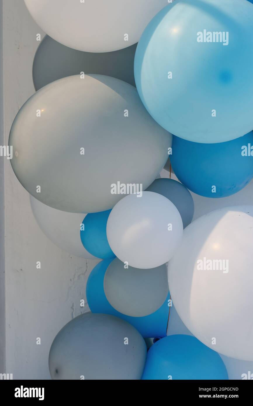 Colorful helium balloons. A group of blue, white, gray holiday b Stock ...