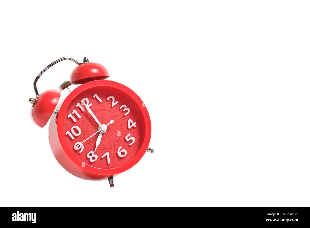 Ringing red alarm clock, isolate on white background, eight morning or ...