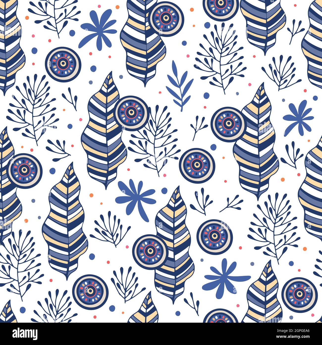 Blue doodle pattern outline hand drawn vector. Floral seamless texture ...