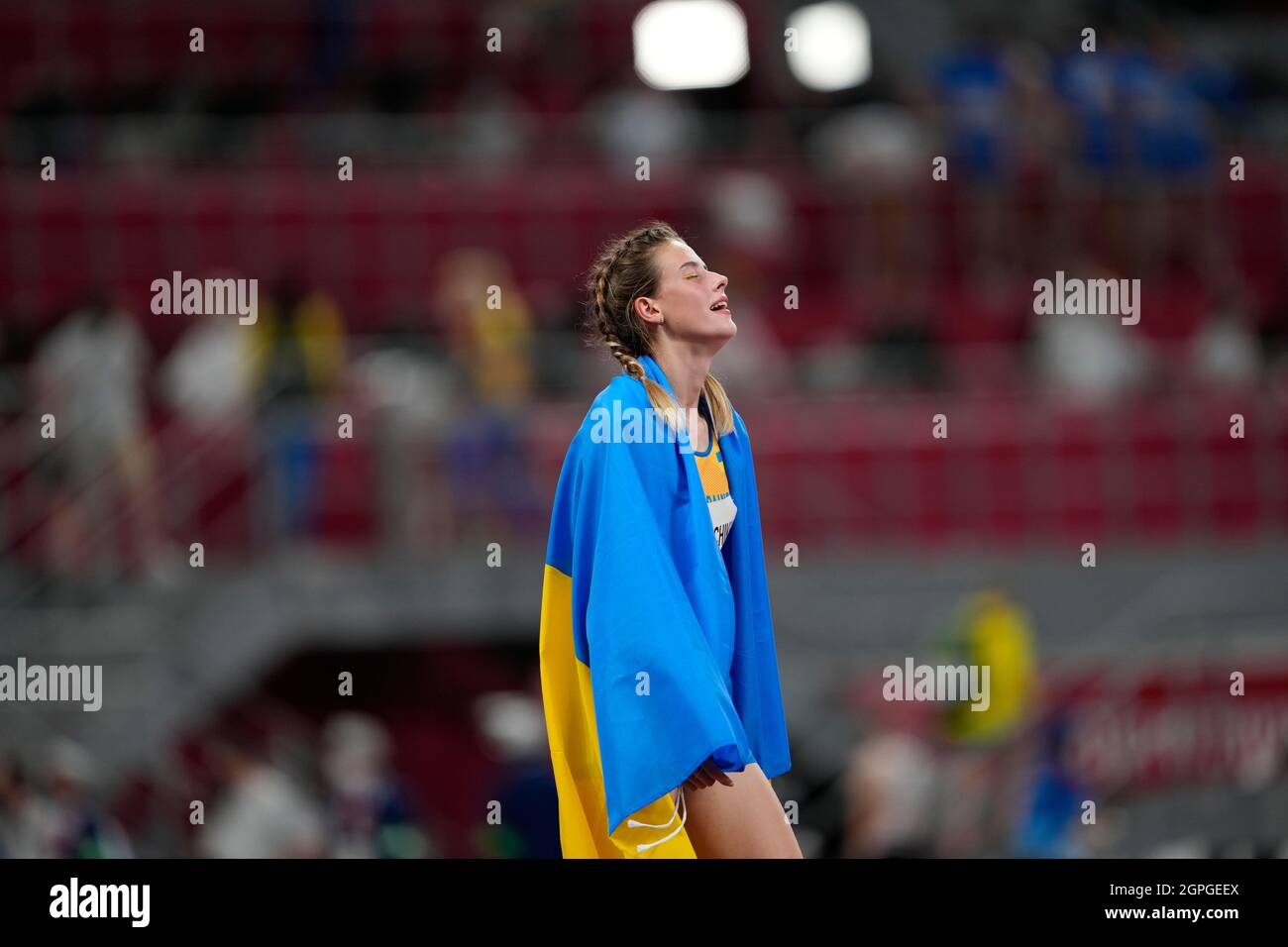 Yaroslava Mahuchikh participating in the high jump at the Tokyo 2020 ...