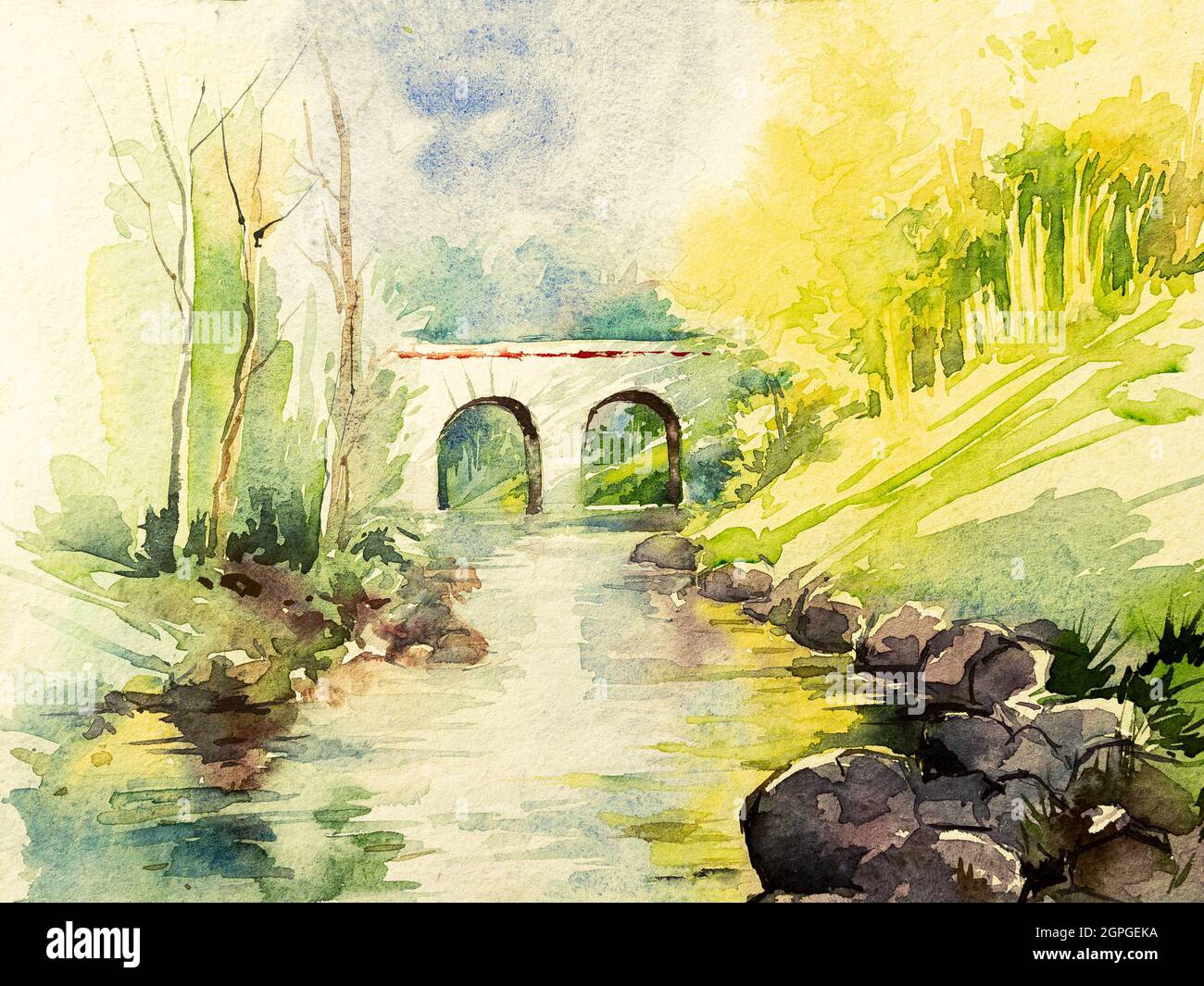 Watercolor image of a bridge over a river flowing underneath with green ...