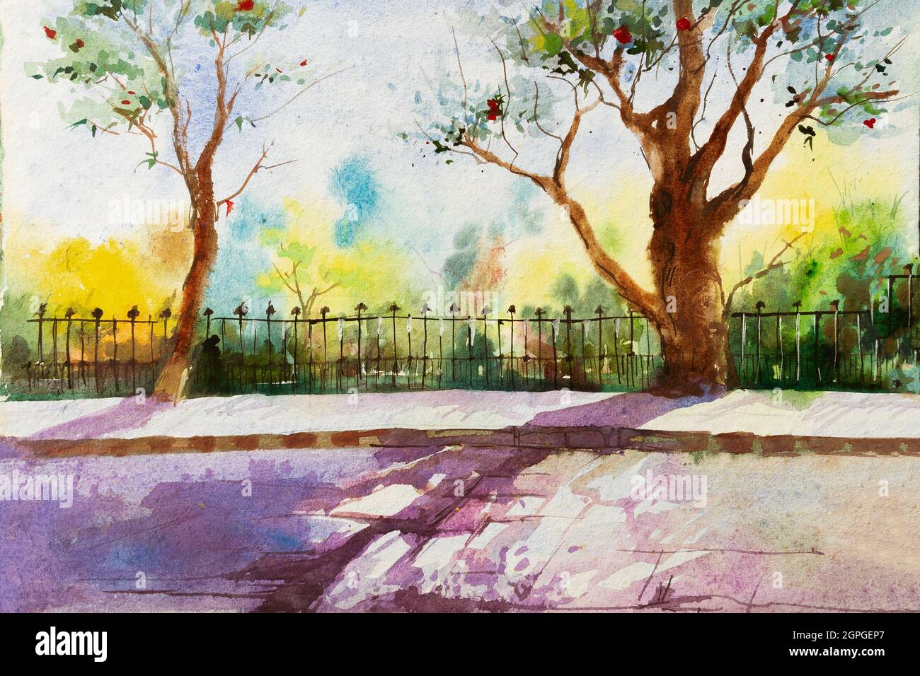 Nice looking watercolour painting of trees on the side of a road, the ...