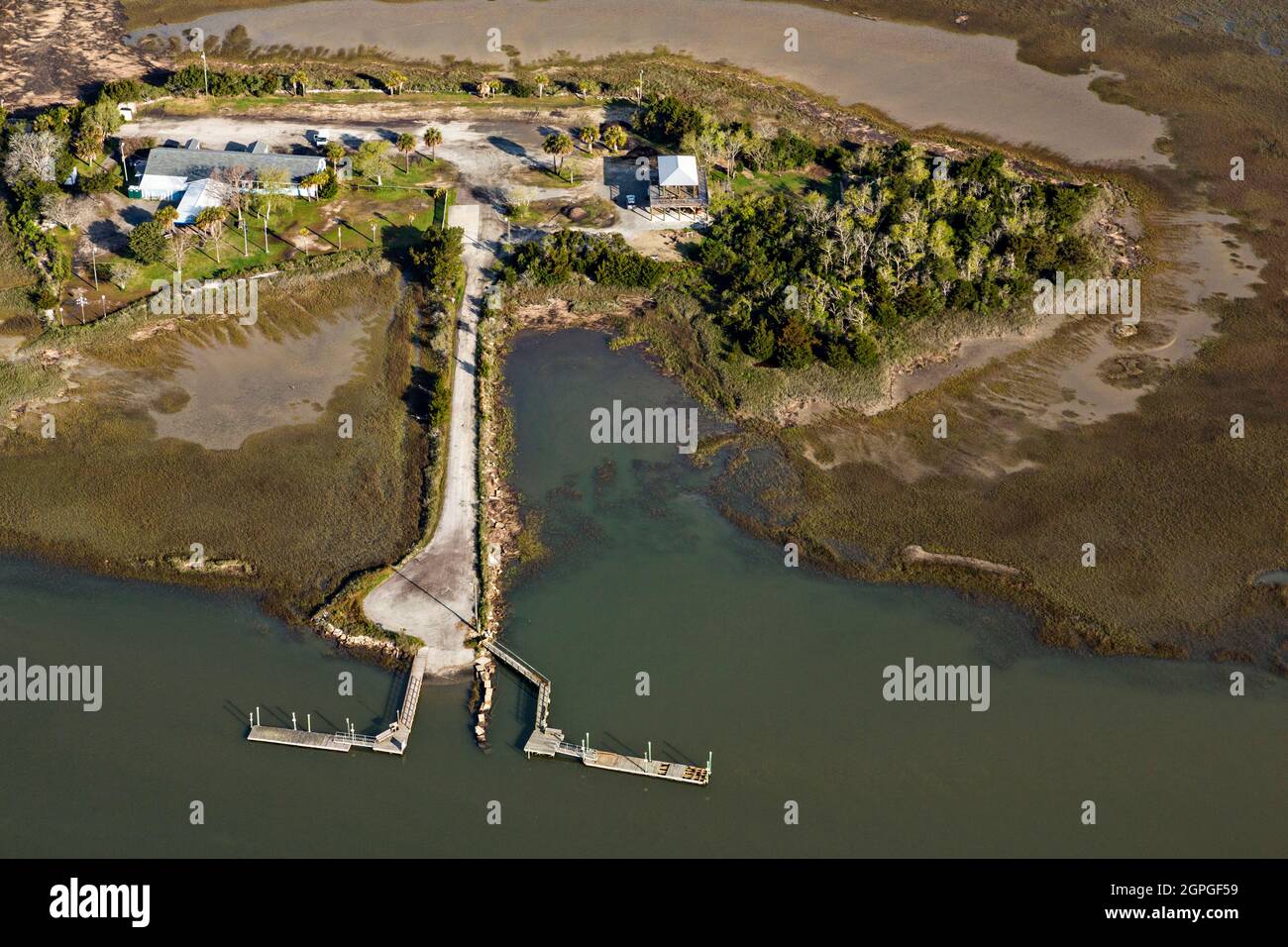 Aerial view of tiny Gold Bug Island between the Intracoastal Waterway ...