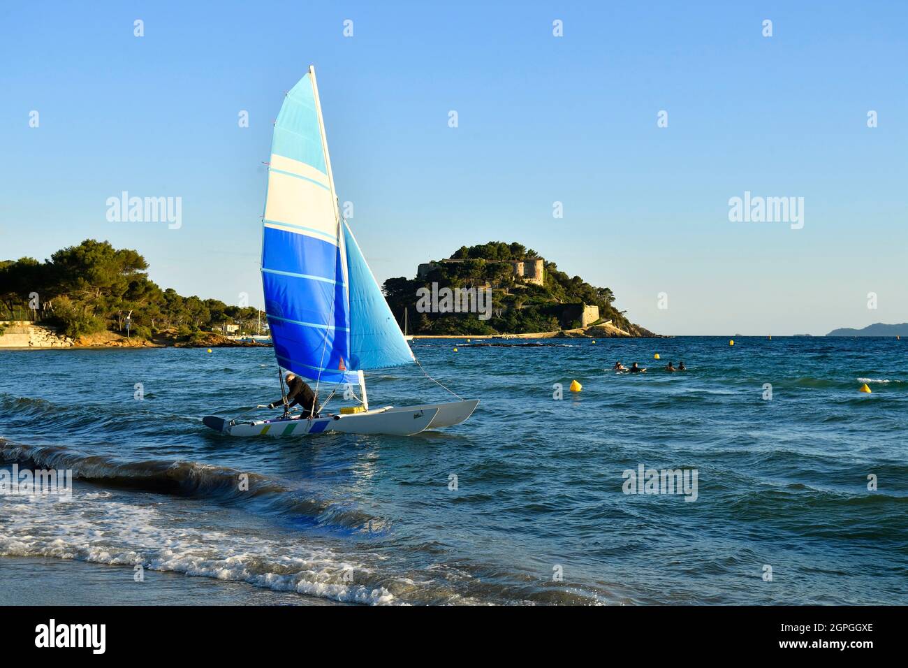 France, Var, Bormes les Mimosas, Cabasson beach and Bregancon fort ...