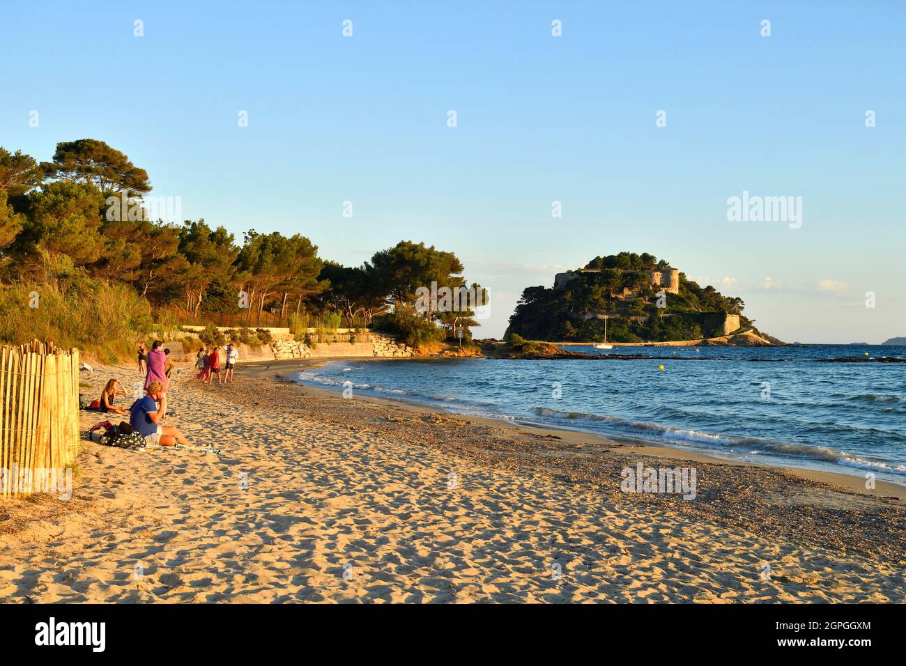 France, Var, Bormes les Mimosas, Cabasson beach and Bregancon fort ...