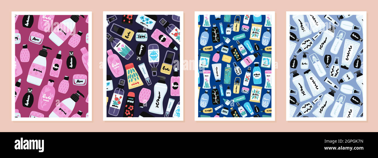 Set of cover templates with colorful pattern of cosmetic products ...