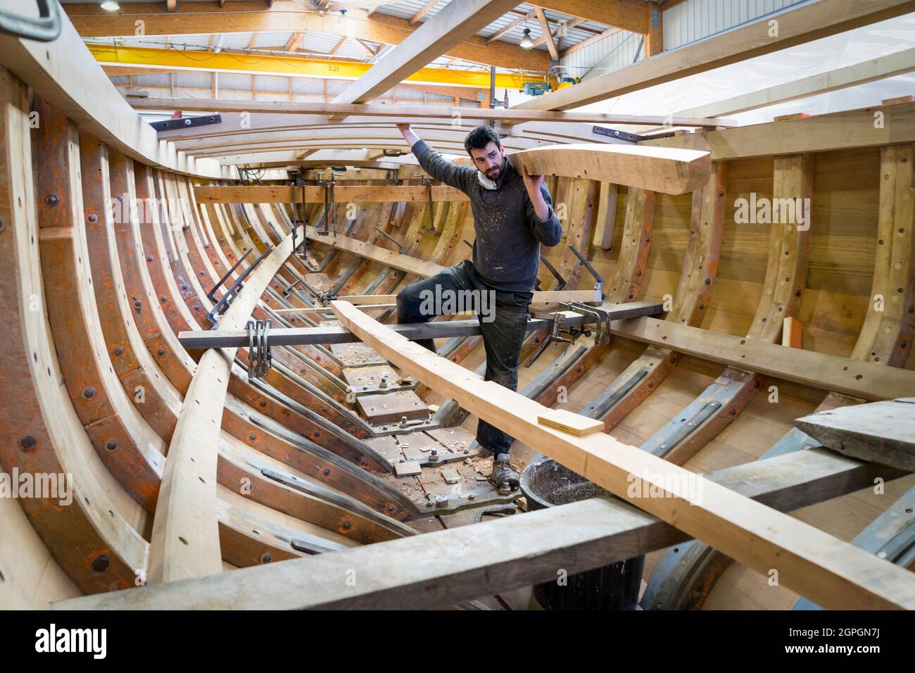 France, Finistere, Brest, Guip Shipyard, a marine carpenter works ...
