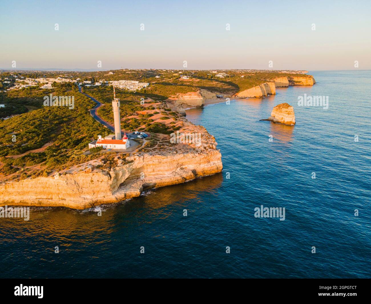 Portugal, Algarve, Ferragudo, Ponta do Altar Lighthouse (aerial view ...