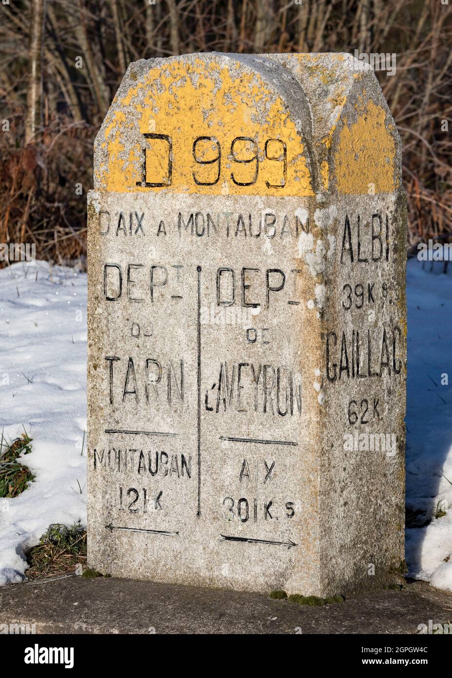 France, Tarn, Alban, road stone between Tarn and Aveyron Stock Photo ...
