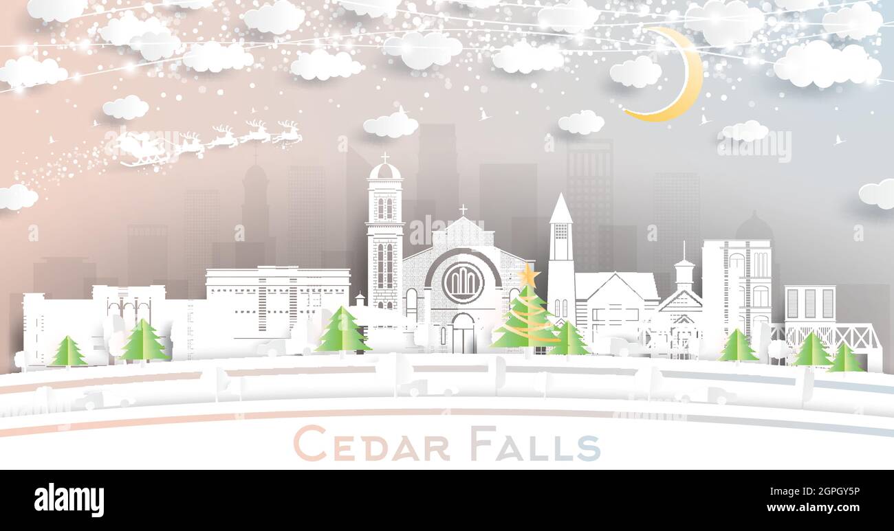 Cedar Falls Iowa City Skyline in Paper Cut Style with Snowflakes, Moon ...