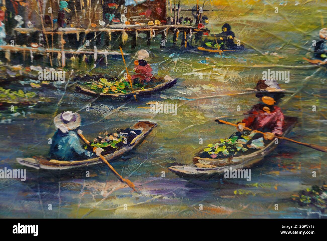 Art painting Oil color Floating market Thailand , countryside Stock ...