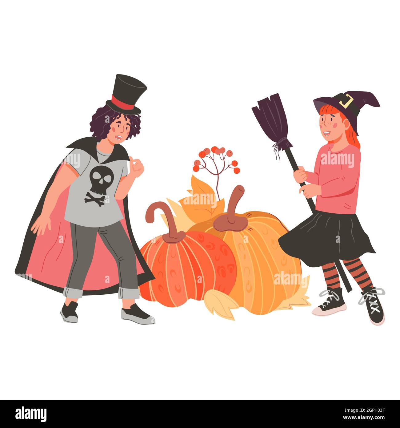 Halloween illustration of cute children boy and girl near pumpkins ...