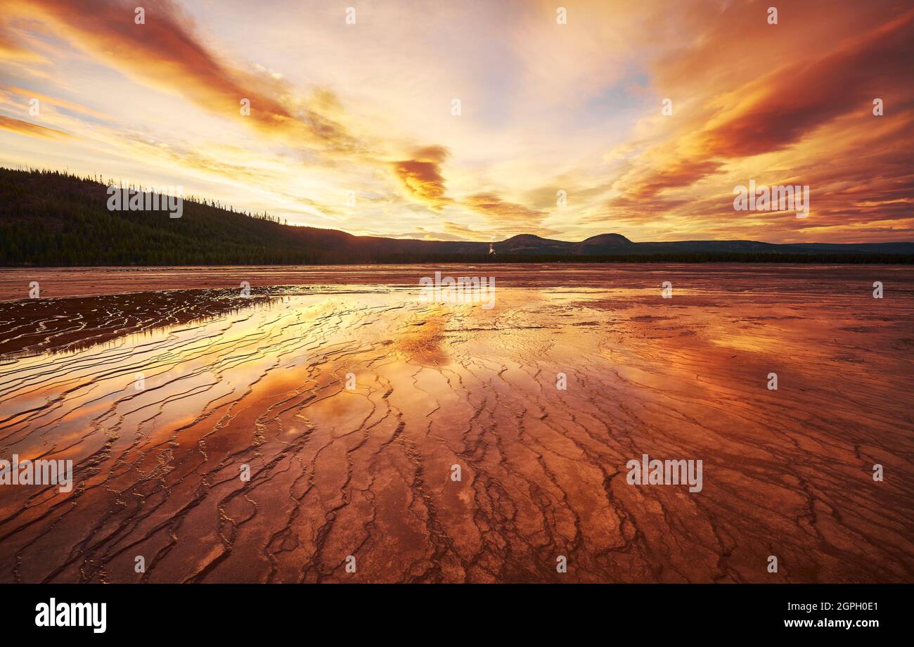 Grand Prismatic Spring at sunset, Yellowstone National Park, Wyoming ...