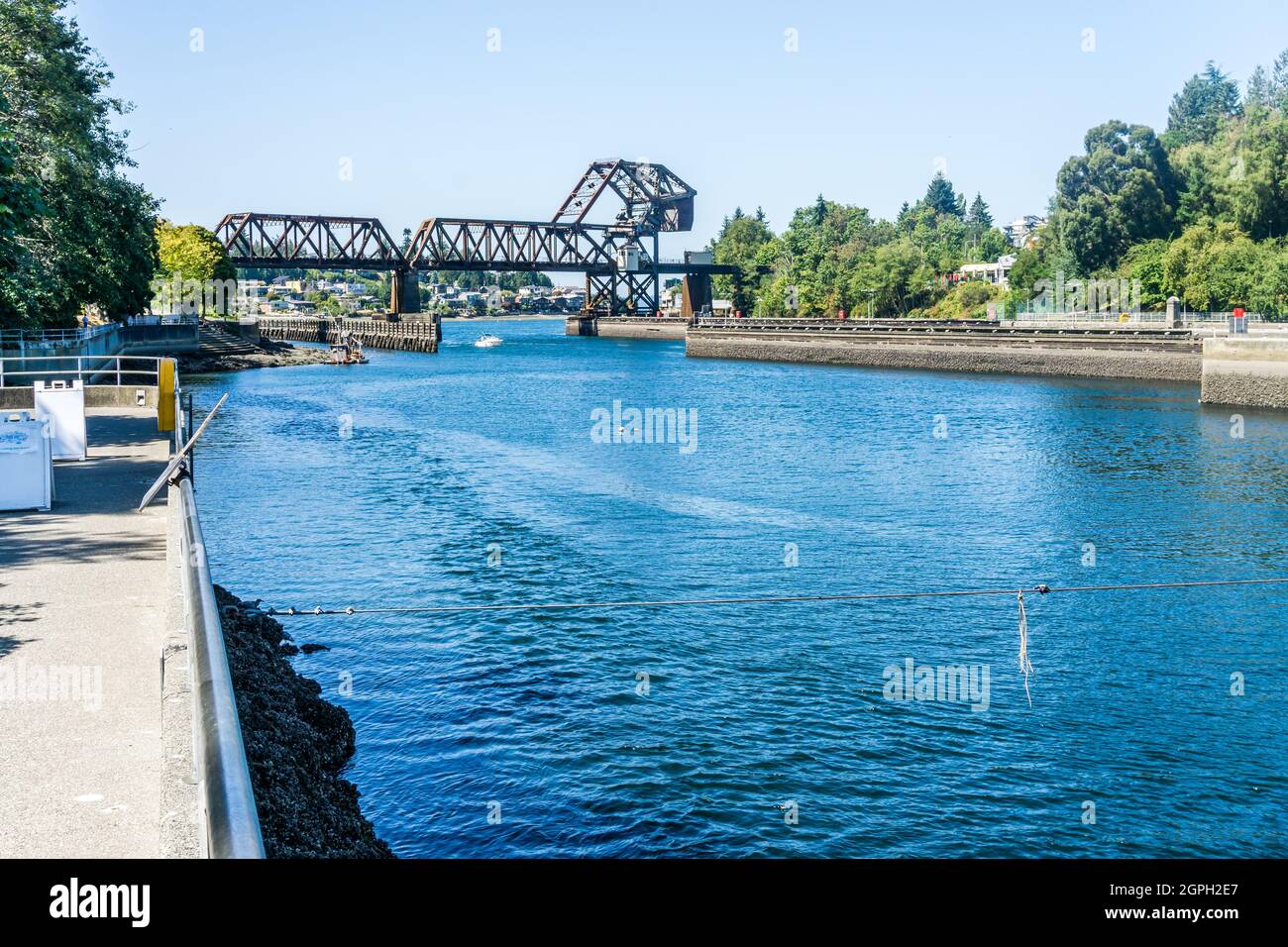 Salmon Bay Bridge at the Ballard Locks in Washington State Stock Photo ...