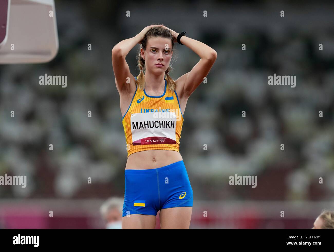 Yaroslava Mahuchikh participating in the high jump at the Tokyo 2020 ...