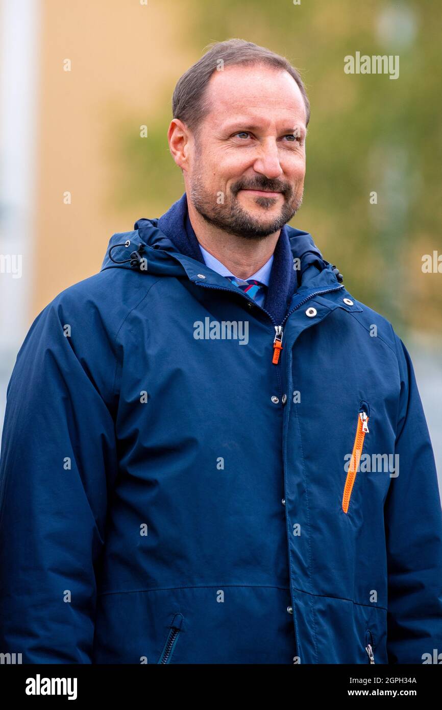 Crown Prince Haakon of Norway during a visit to Valer, Norway, on day ...