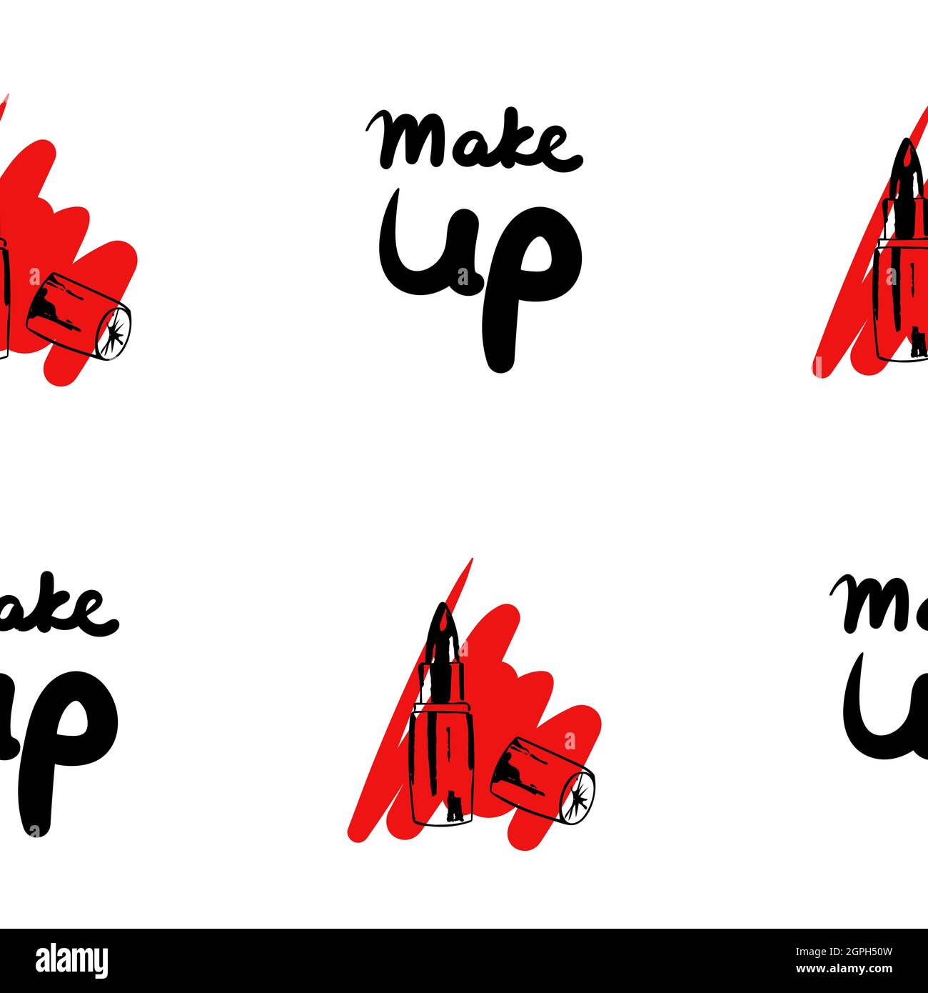 Seamless pattern with red lipstick with cap and the lettering Make up ...