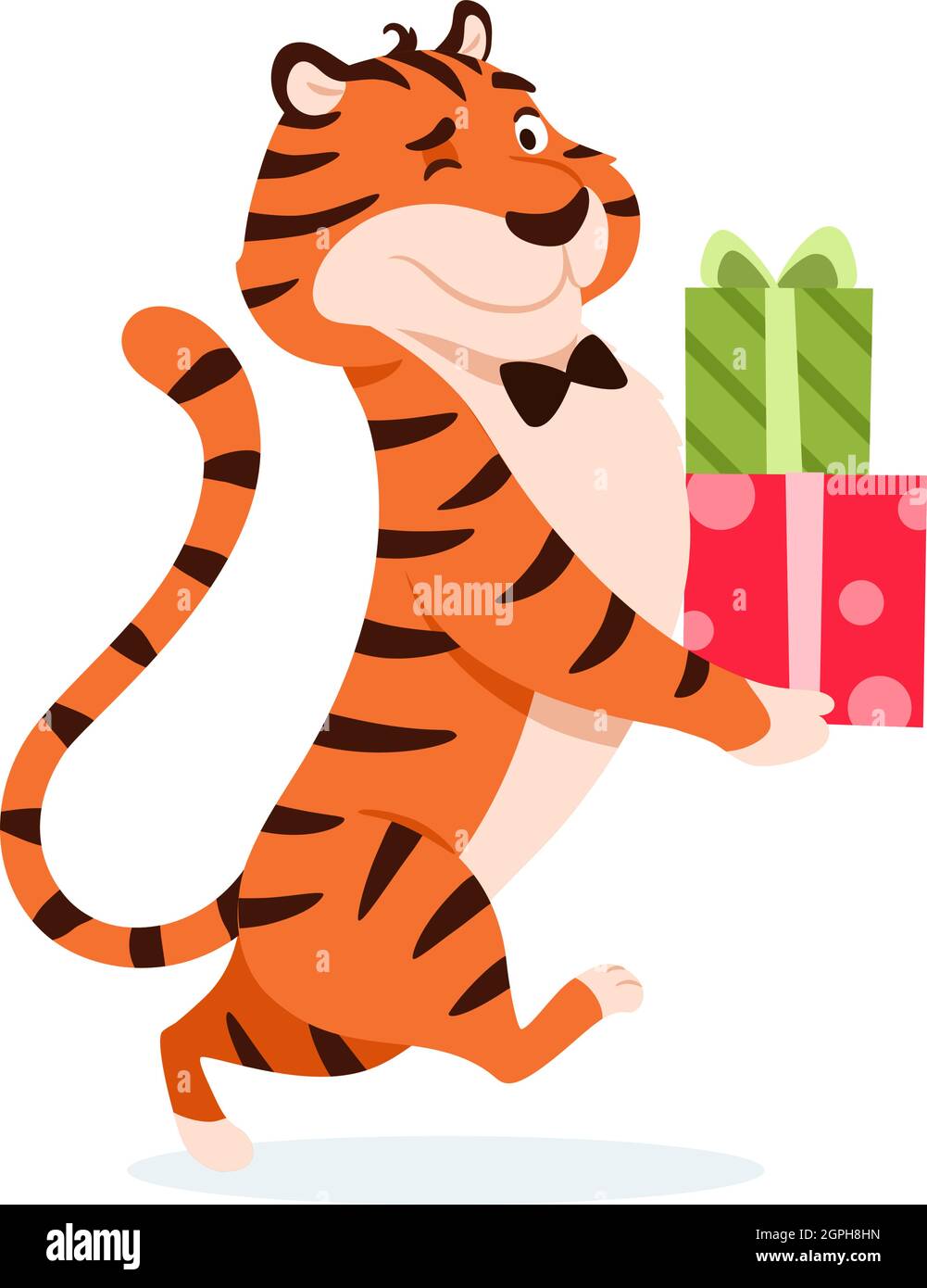 Cute cartoon tiger with Christmas present isolated Stock Vector Image ...