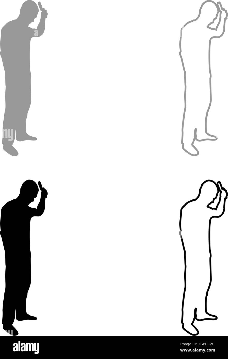 Man is combing hair use hairbrush Side view silhouette grey black color ...