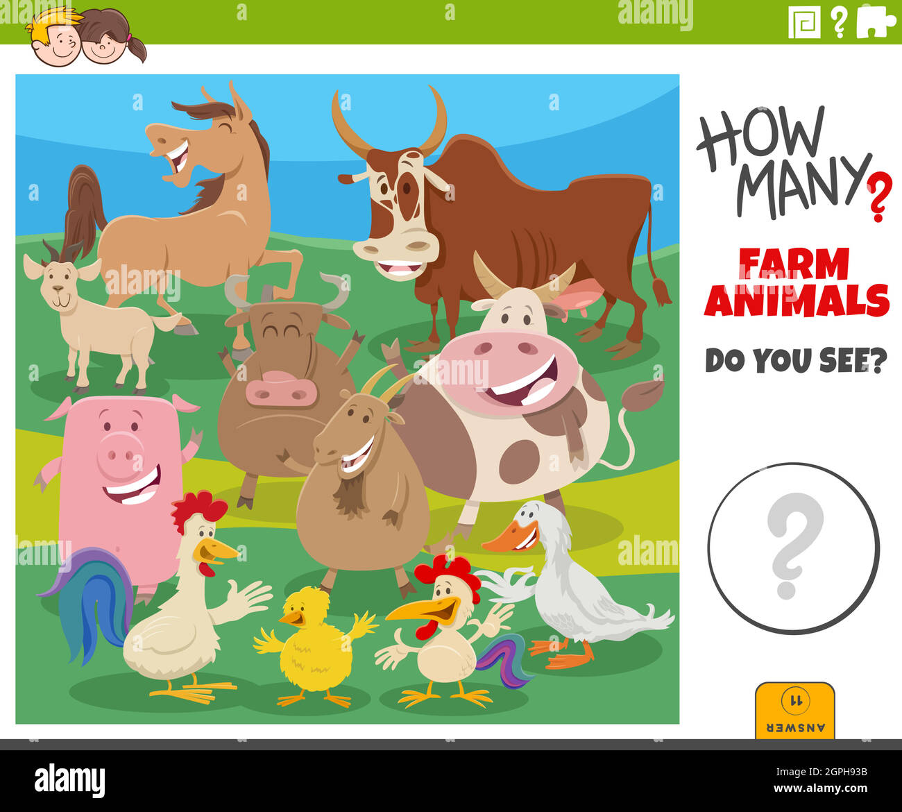 how many farm animals educational cartoon task for children Stock ...
