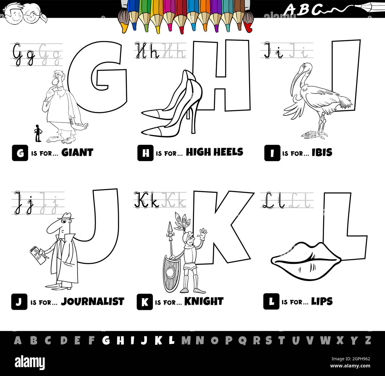 educational cartoon alphabet letters set from G to L color book page ...