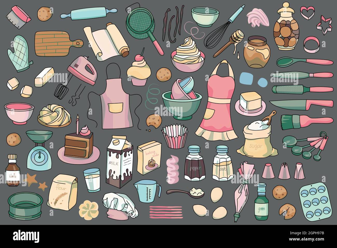 Collection of simple hand drawn vector illustrated doodles of baking ...