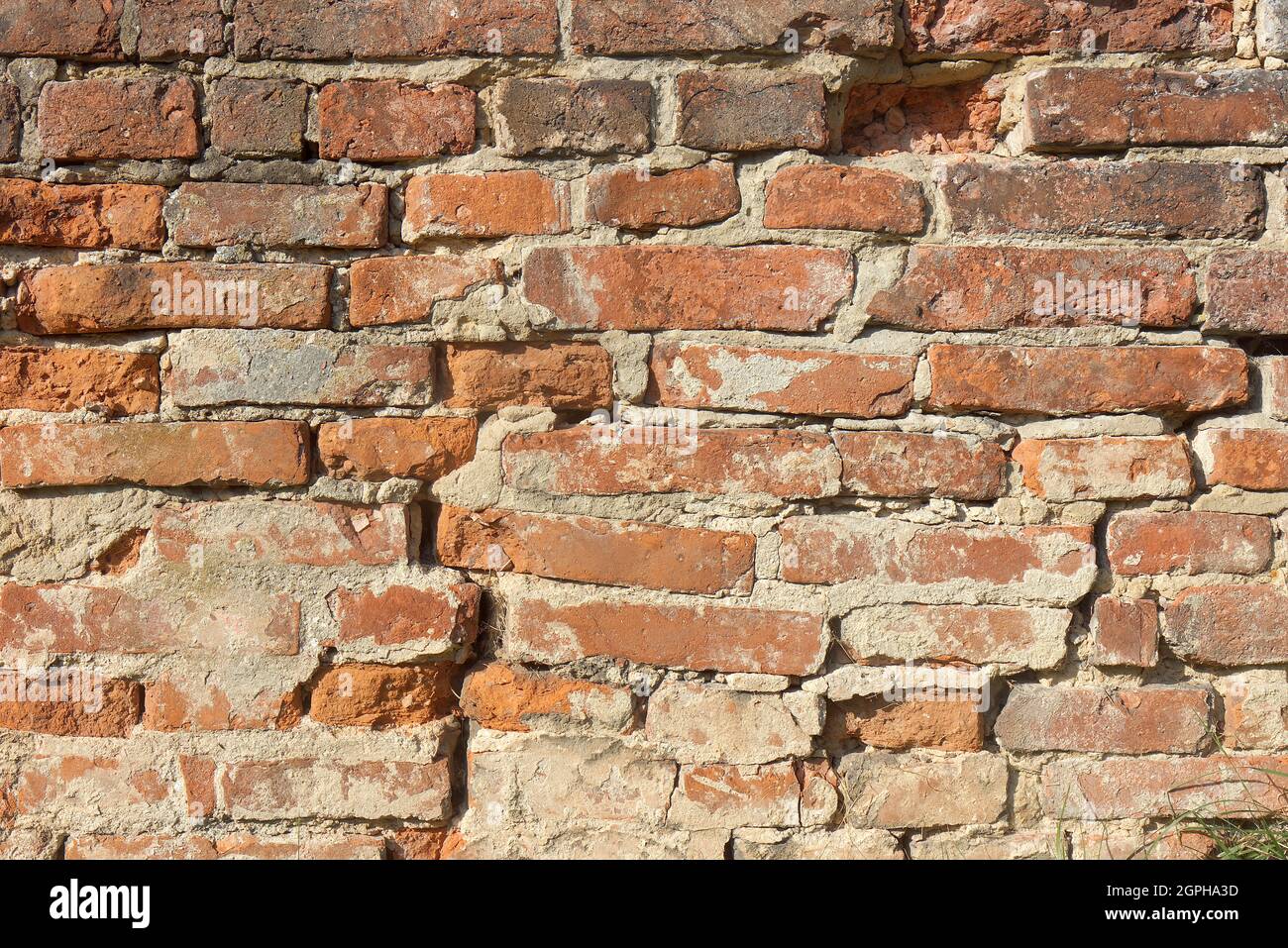 Brick wall pattern. Old wall built from the red bricks with remnants of ...
