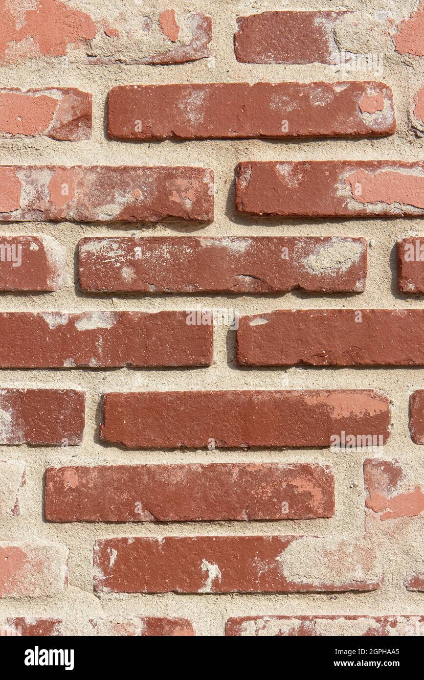 Brick wall pattern. Old wall built from the red bricks with remnants of ...