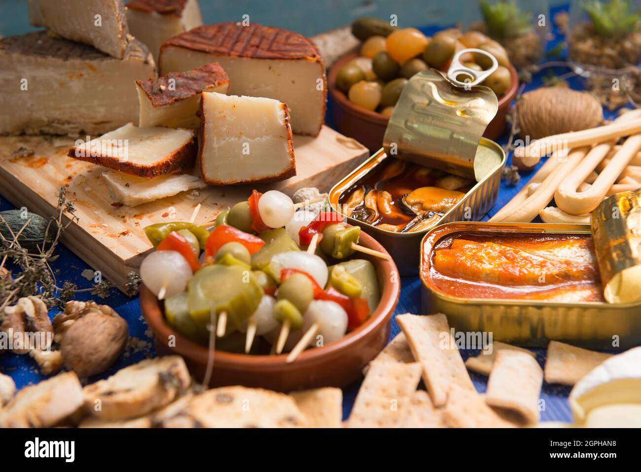 Assorted table of typical Spanish tapas to share with friends Stock ...