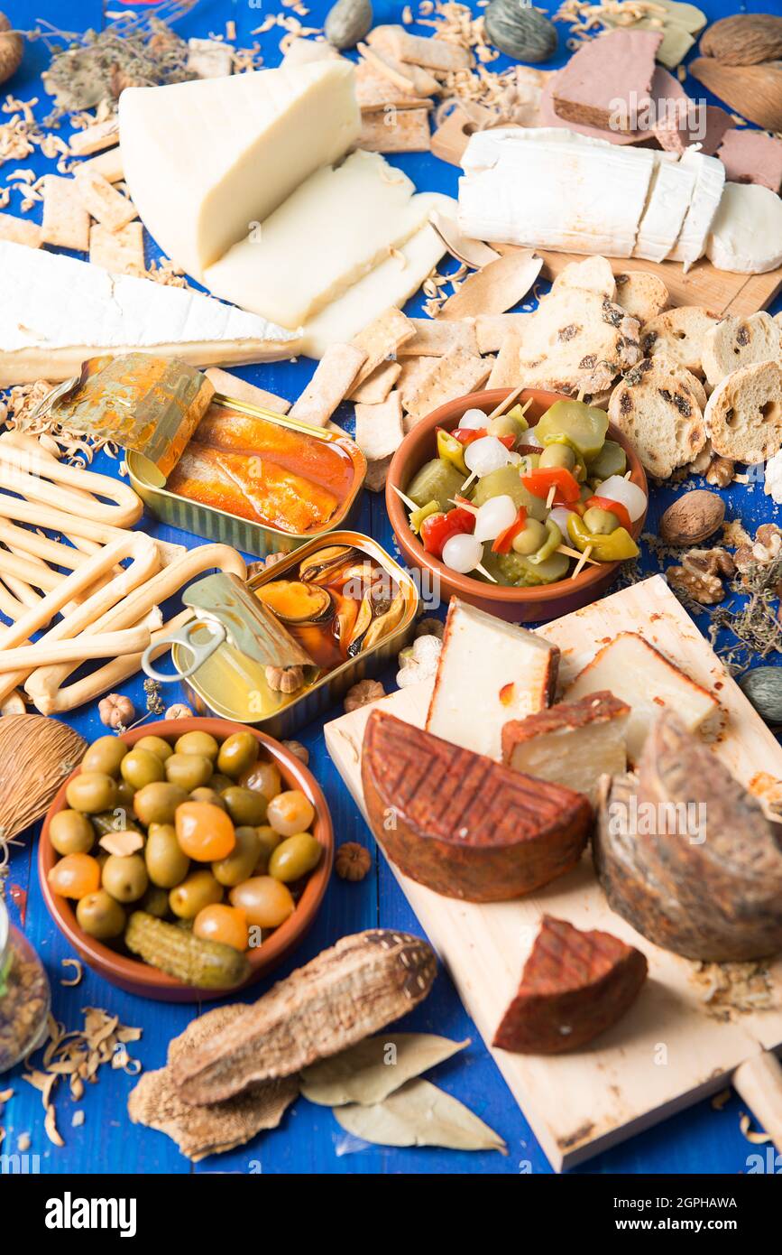 Assorted table of typical Spanish tapas to share with friends Stock ...