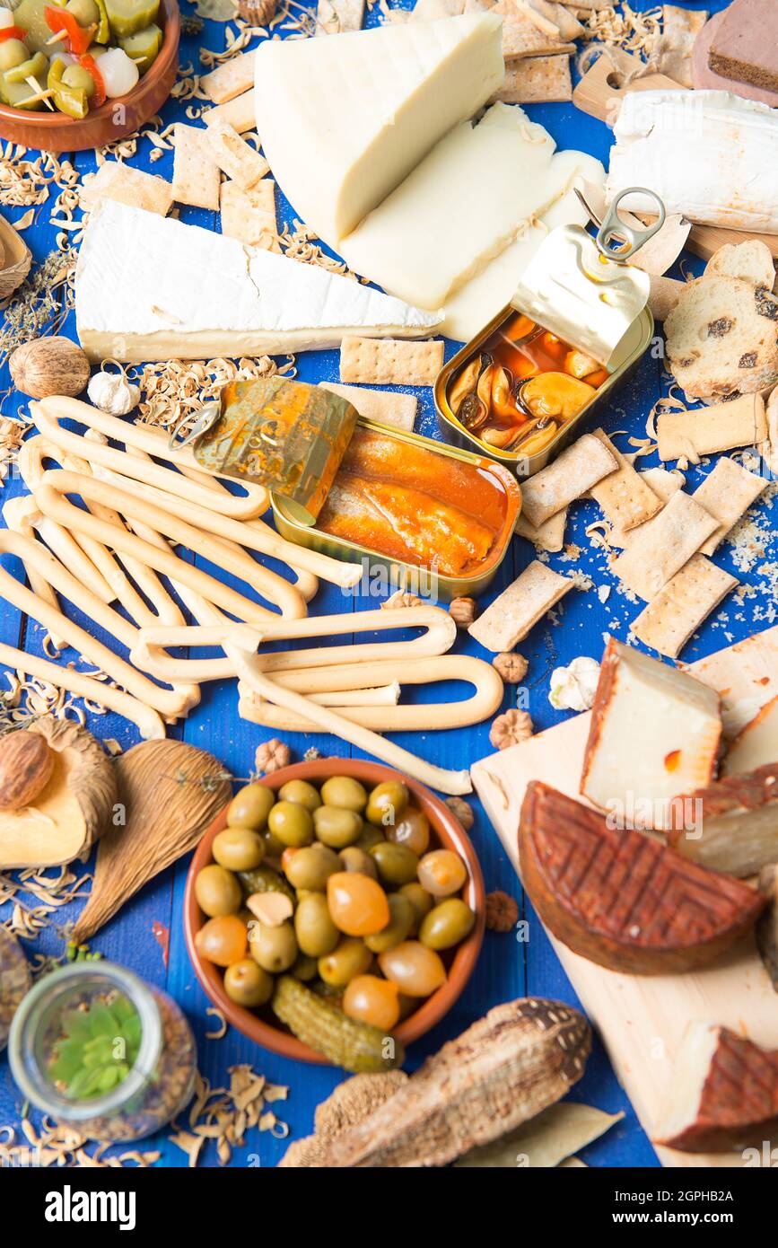 Assorted table of typical Spanish tapas to share with friends Stock ...