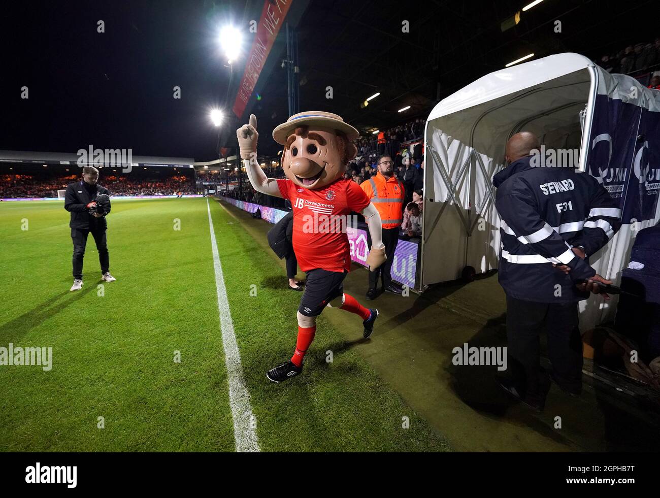 Luton Town mascot Happy Harry runs out of the tunnel for the Sky Bet ...