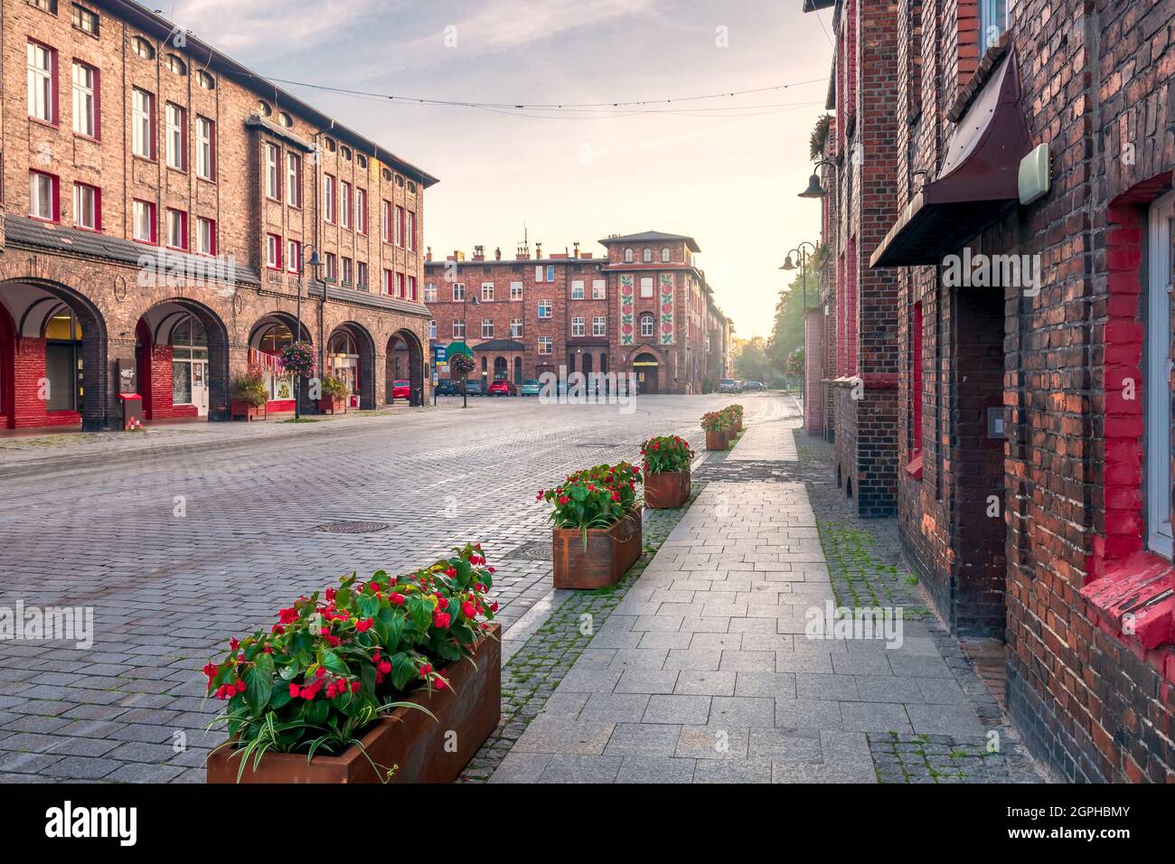 Traditional, silesian district Nikiszowiec. Renovated, old, brick block ...