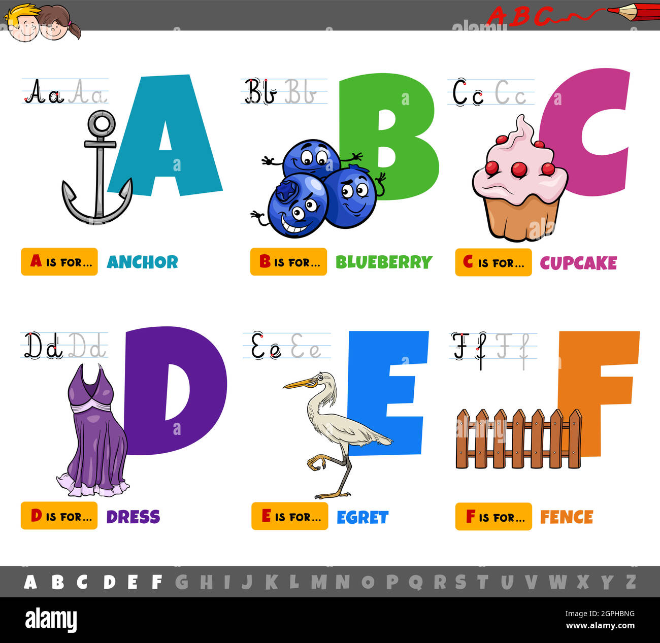 educational cartoon alphabet letters for children from A to F Stock ...