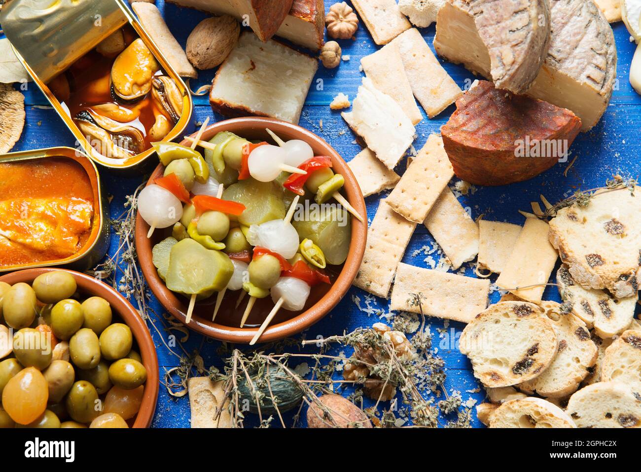 Assorted table of typical Spanish tapas to share with friends Stock ...