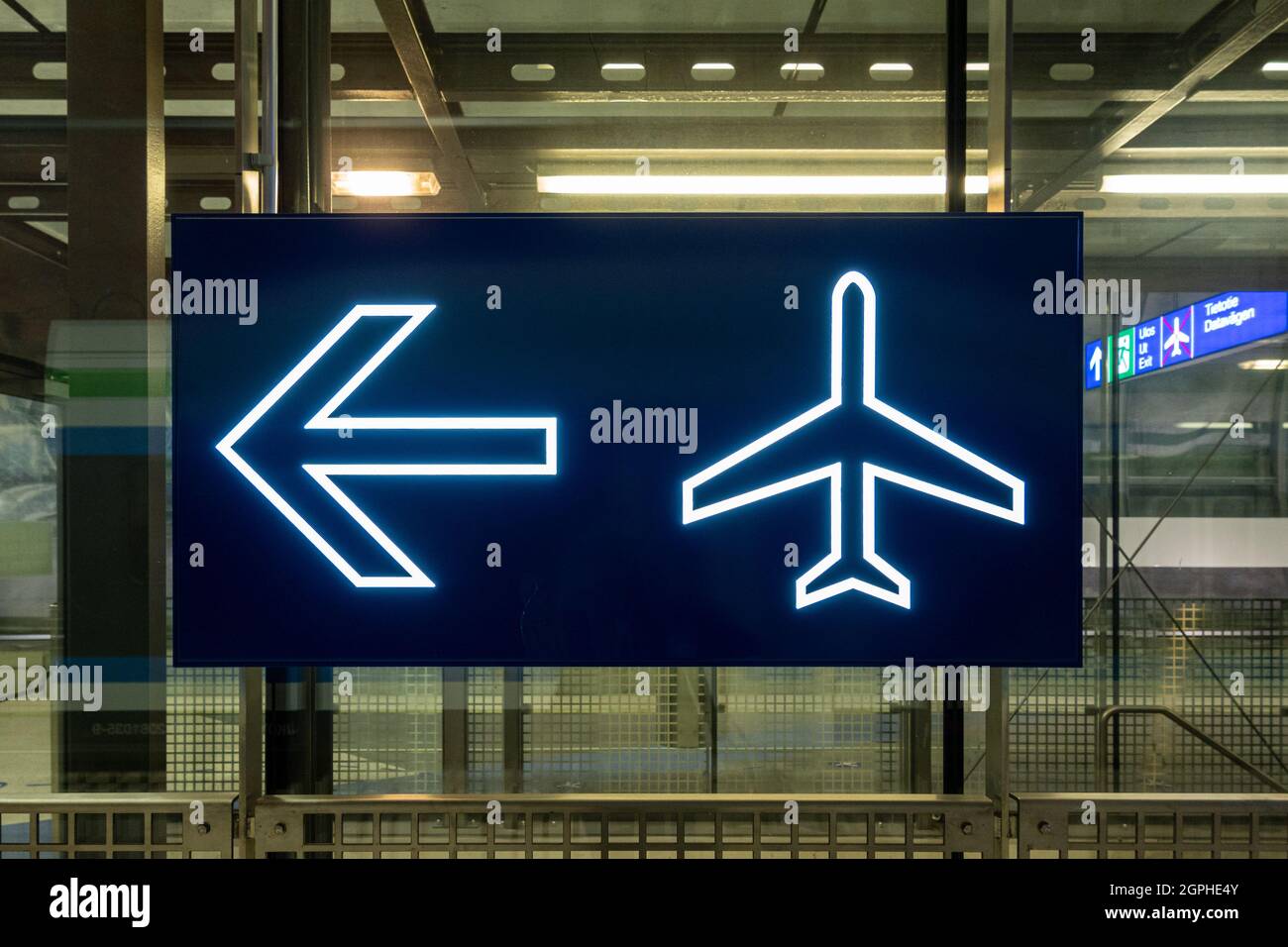 Neon sign pointing direction to airport at Helsinki-Vantaa airport ...