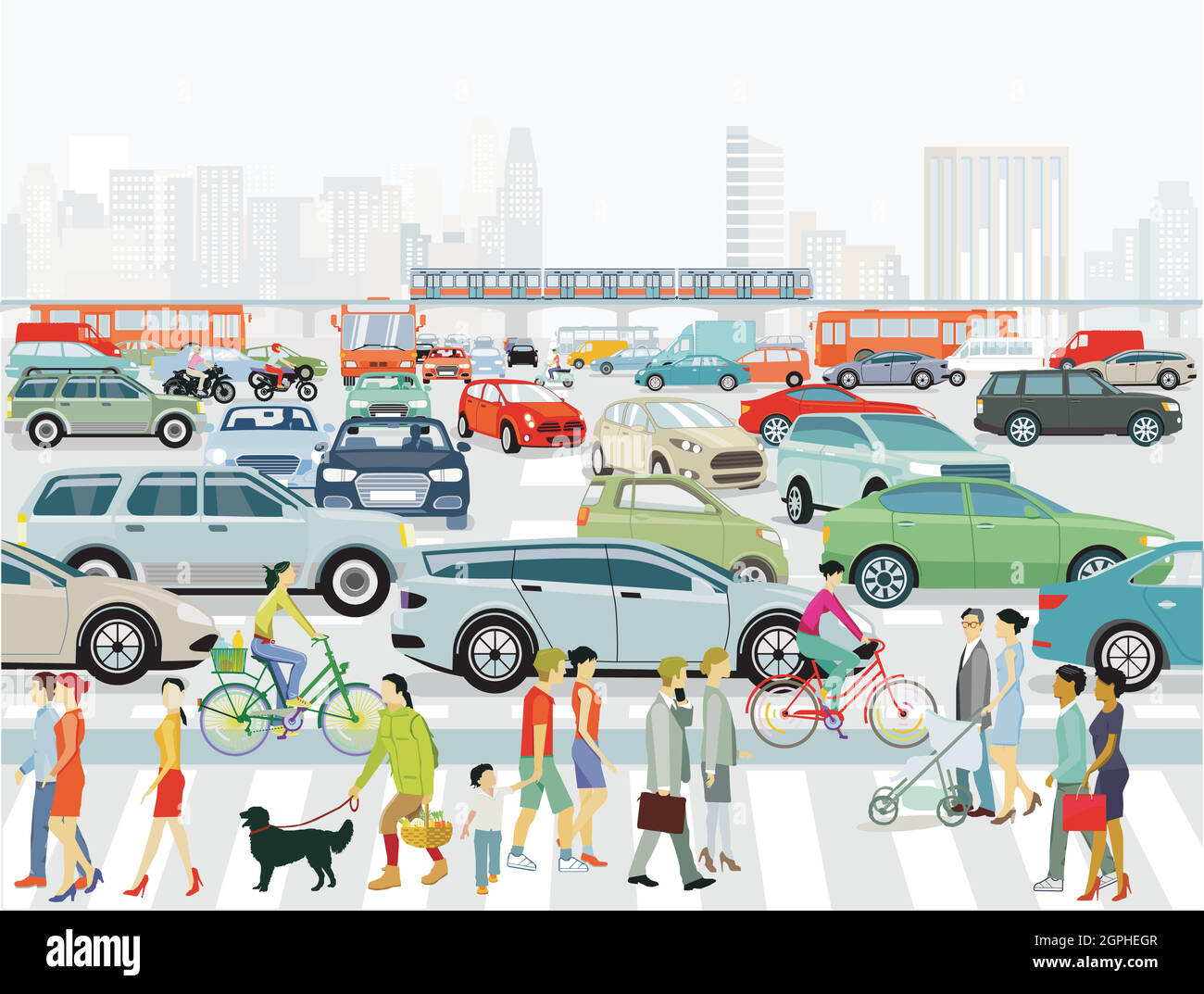 City silhouette with traffic in traffic jam, and elevated train, people ...