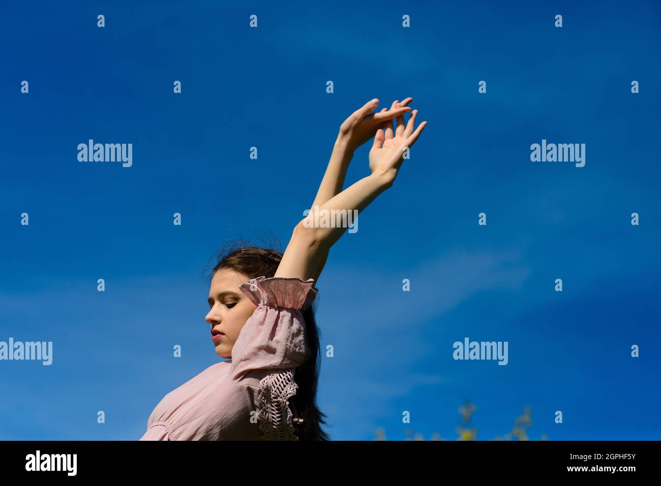 Happiness freedom concept. Woman happy smiling joyful with arms up ...