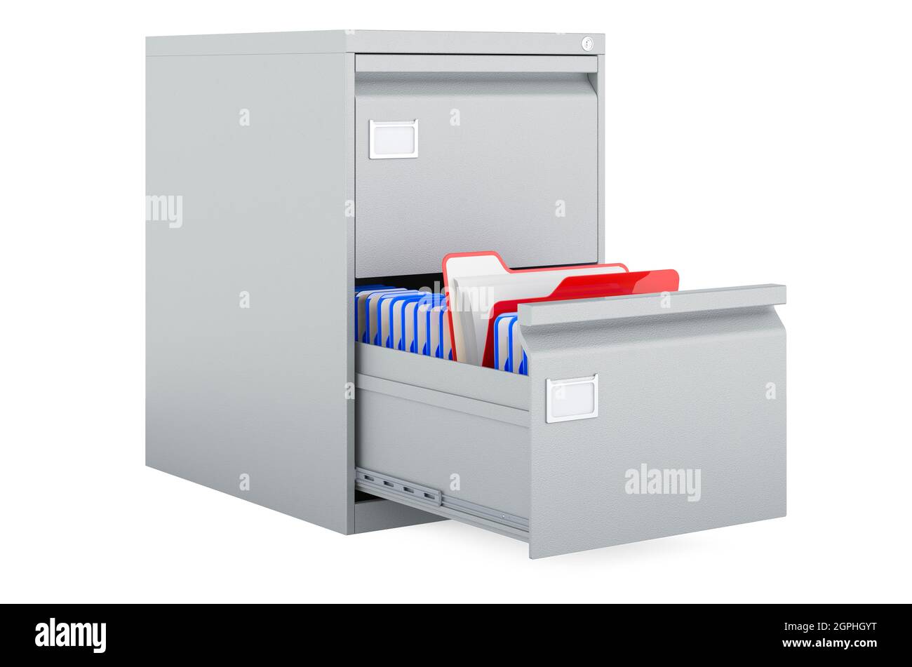 Filing cabinet with folders inside, 3D rendering isolated on white ...