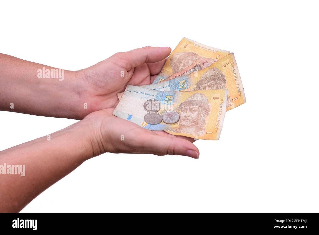 UAH hryvnia, paper banknotes and metal coins. isolated on a white ...